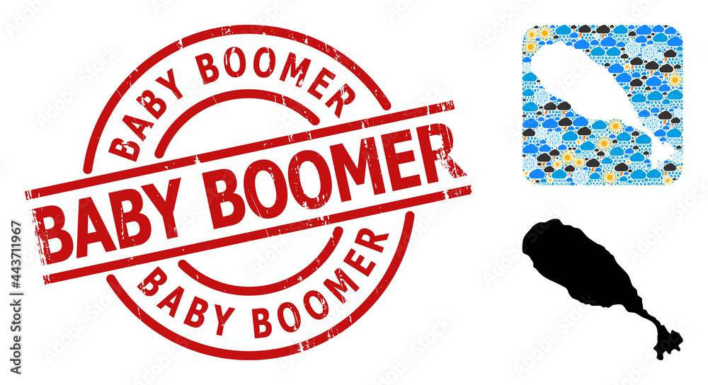 Vetor de Climate collage map of St Kitts Island, and textured red round ...