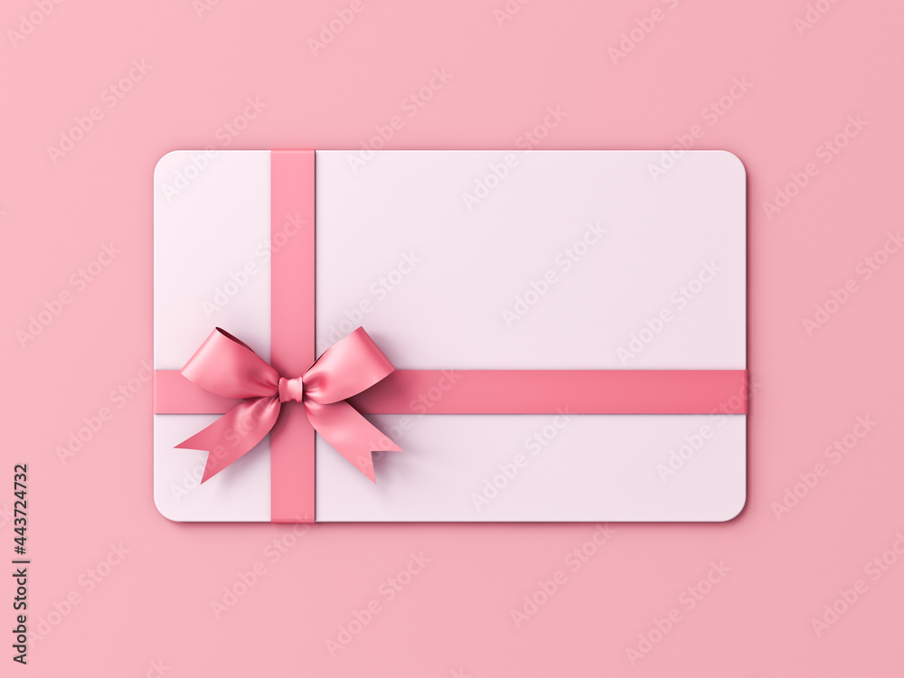 Blank white gift card with pink ribbon bow isolated on pink pastel ...