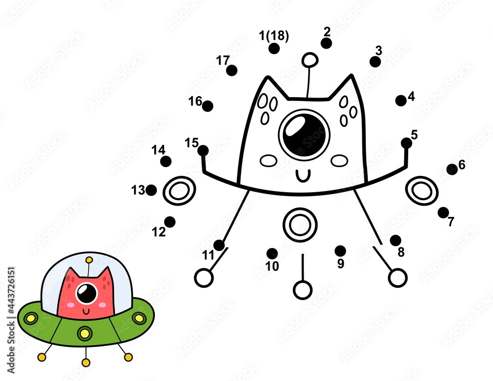 Connect the dots and draw a cute alien in flying saucer. Space dot to ...