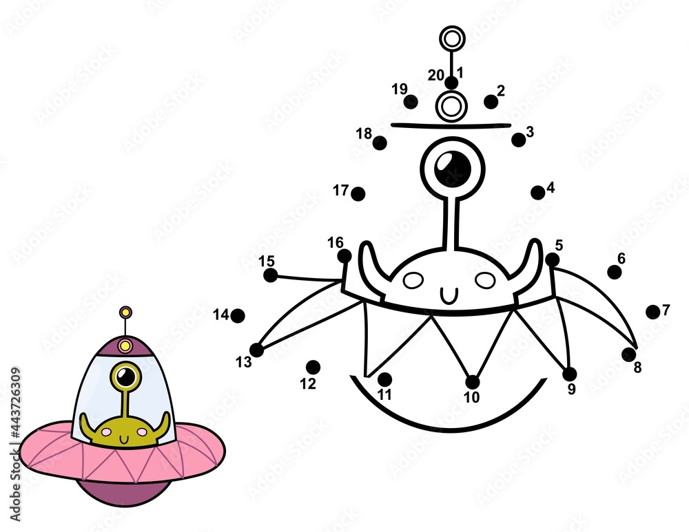 Connect the dots and draw a cute alien in flying saucer. Space dot to ...