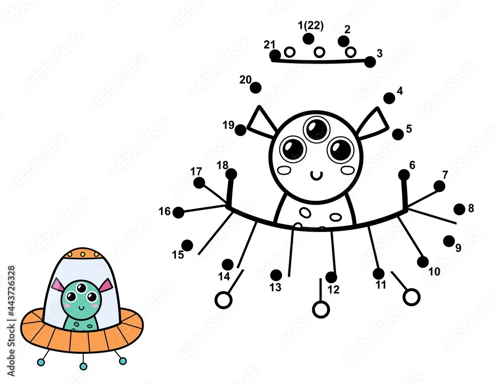 Connect the dots and draw a cute alien in flying saucer. Space dot to ...