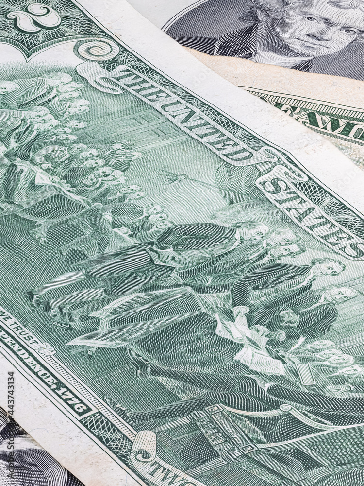 Macro close up on the design surface of 2 dollar notes. Banknotes of ...