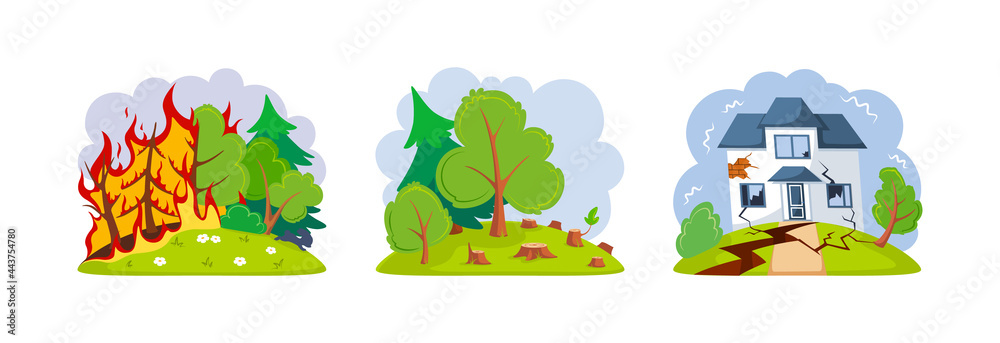 Natural disasters earthquakes, forest fires, deforestation. House ...