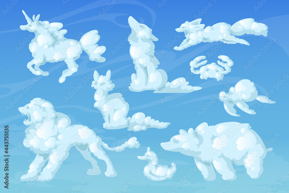 Cloud animals, cartoon fluffy eddies in shape of unicorn, bear, wolf ...