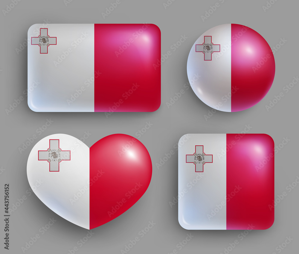 Set of glossy buttons with Malta country flag. South Europe country ...