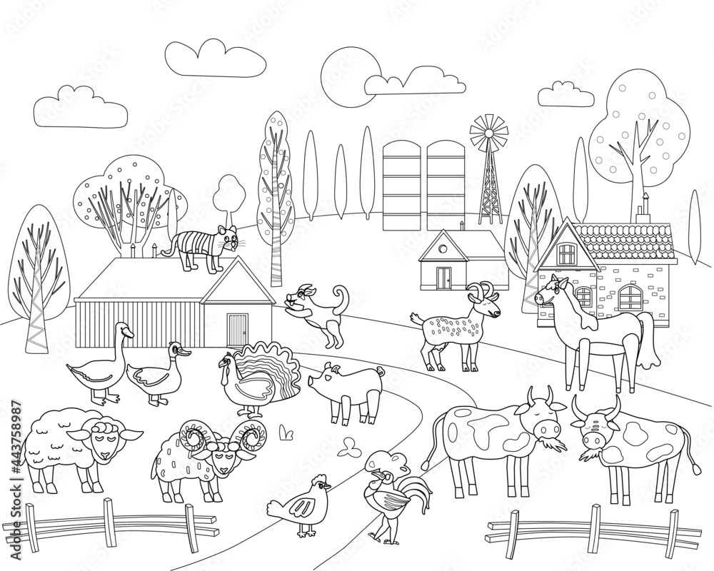 Farm animals coloring book educational illustration for children. Set ...