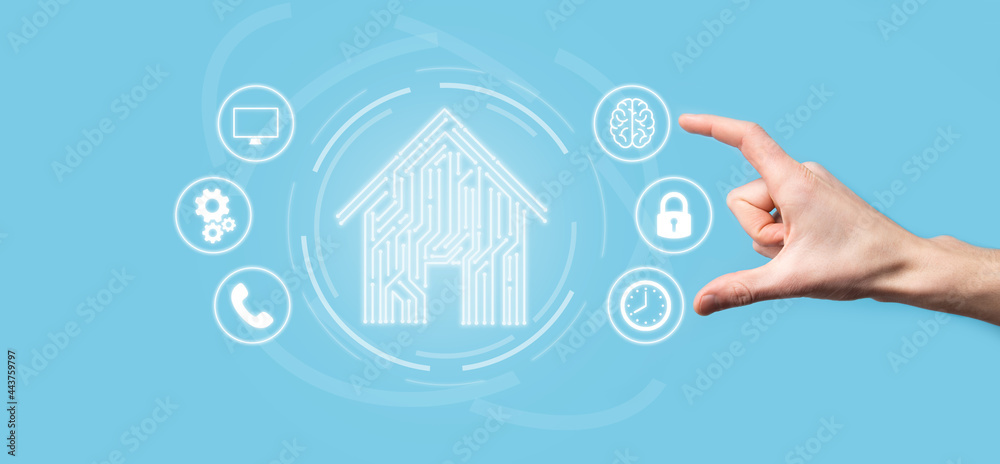Hand hold house icon.Smart home controlled, intelligent house, and home ...