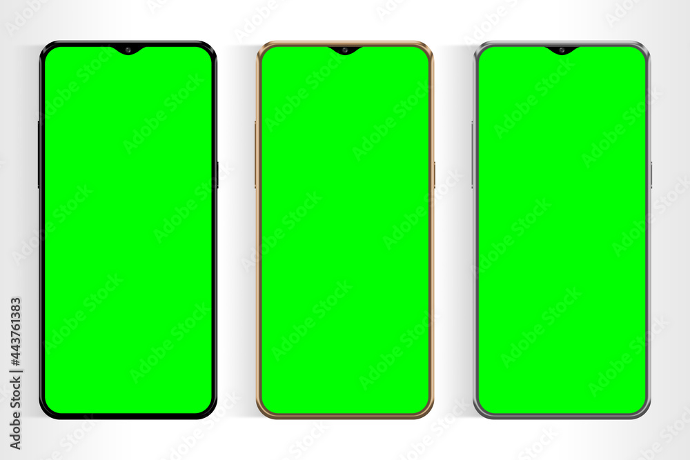 Set of phone mockups. Mobile with green screens. Phone mockups In three ...