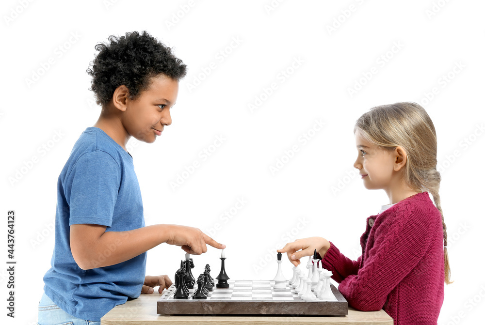 Cute little children playing chess on white background Stock Photo ...