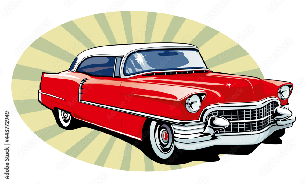 Vector illustration of a red luxury roadster from 50`s. Old-fashioned ...