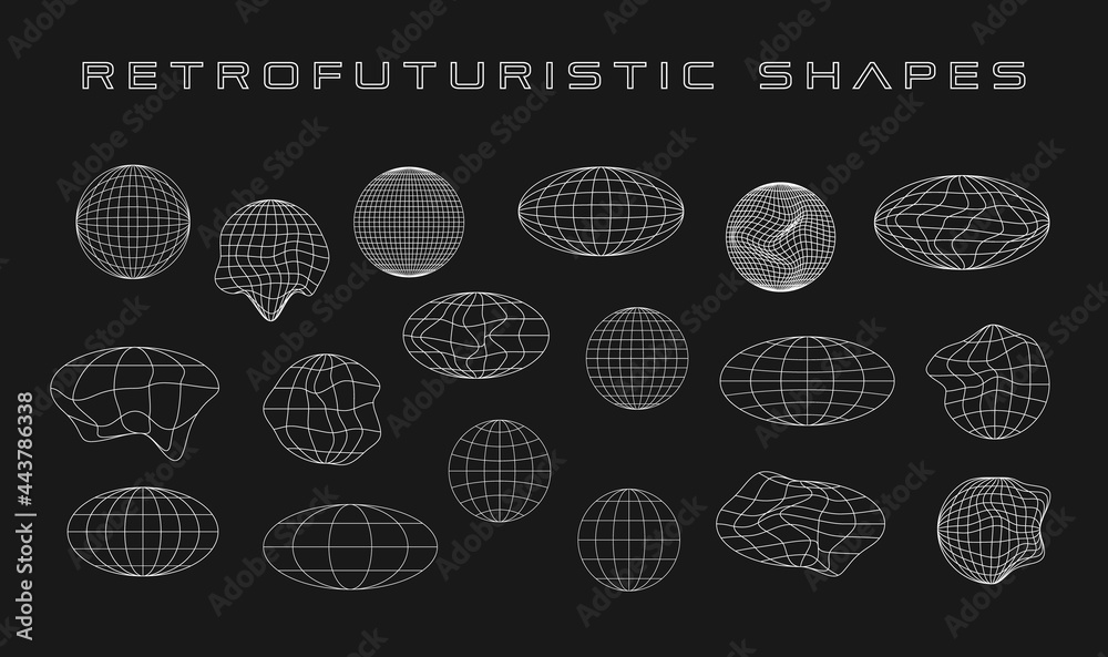Retrofuturistic collection of cyber shapes. Set of cyberpunk planet ...