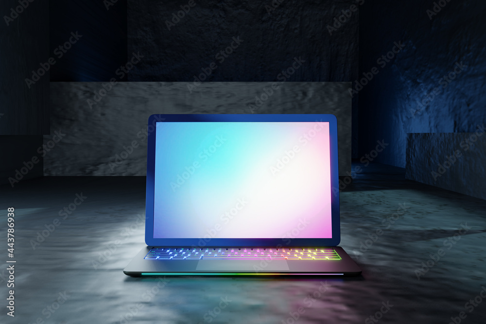 3D rendering illustration. Laptop computer with screen and colorful ...