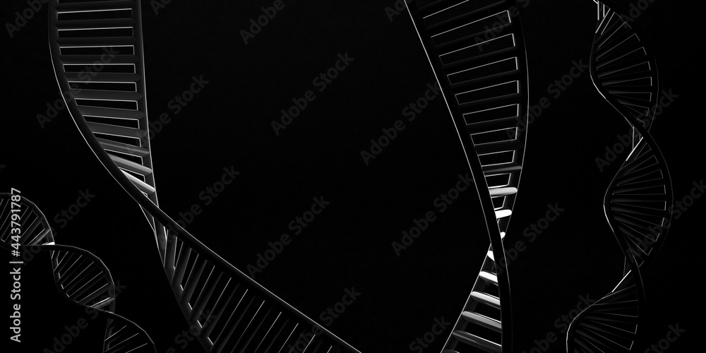 DNA chain on isolated black background. Edge light. Abstract molecule ...