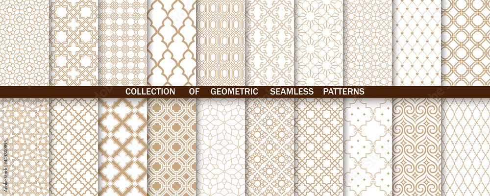 Geometric collection of gold and white patterns. Seamless vector ...