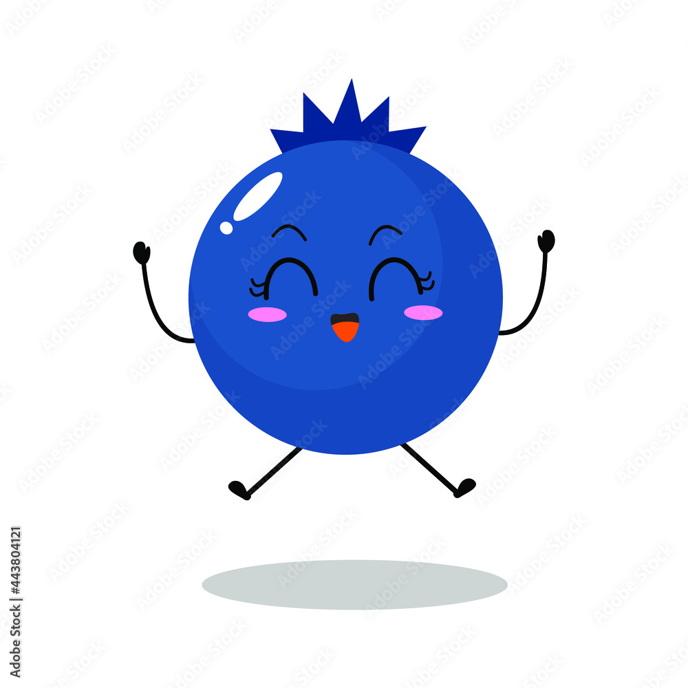 Vector illustration of a flat blueberry character with cute jump high ...