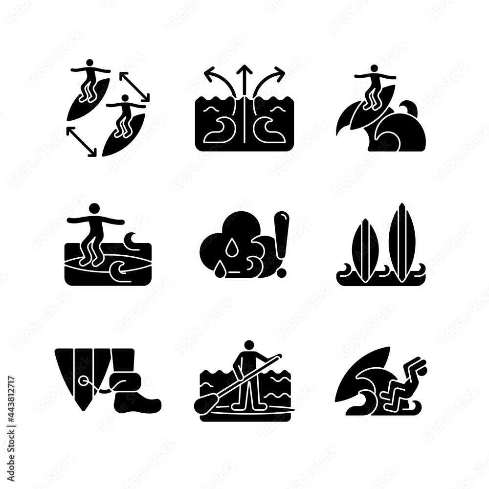 Water activities black glyph icons set on white space. Surfing ...