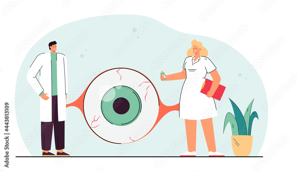 Ophthalmologists examining giant eye of patient. Medical professional ...