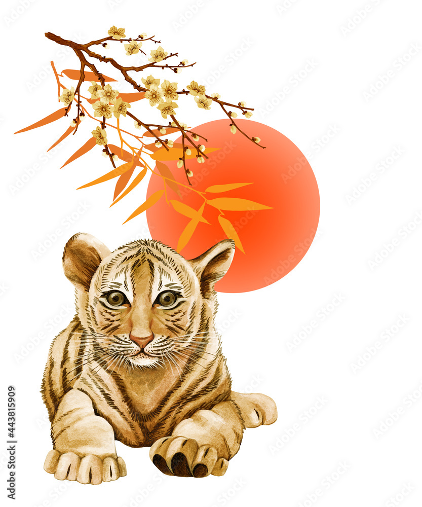 Cute tiger cub in an oriental landscape for printing, poster, banner ...