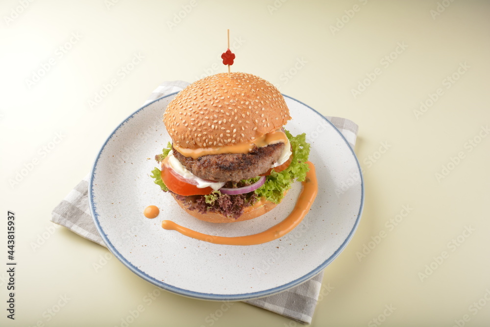 chef handmade grilled wagyu beef cheesy burger with French fries and ...