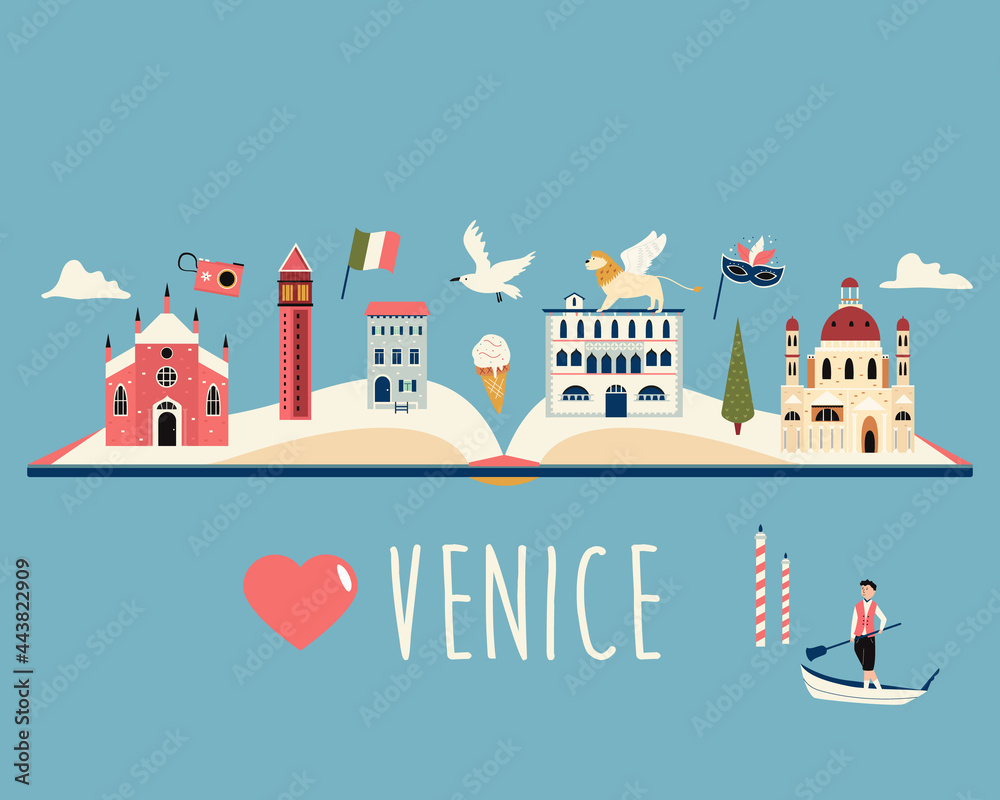 Tourist poster with famous destinations and landmarks of Venice Stock ...