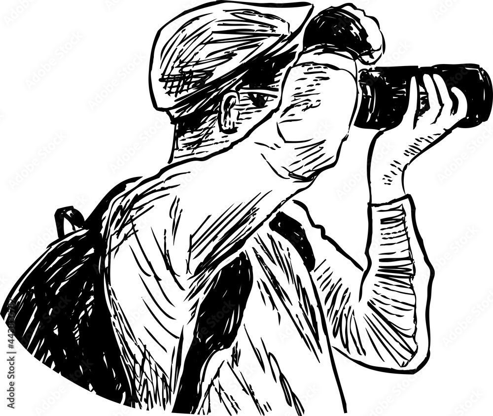 Vector drawing of photographer taking picture on his camera Stock ...