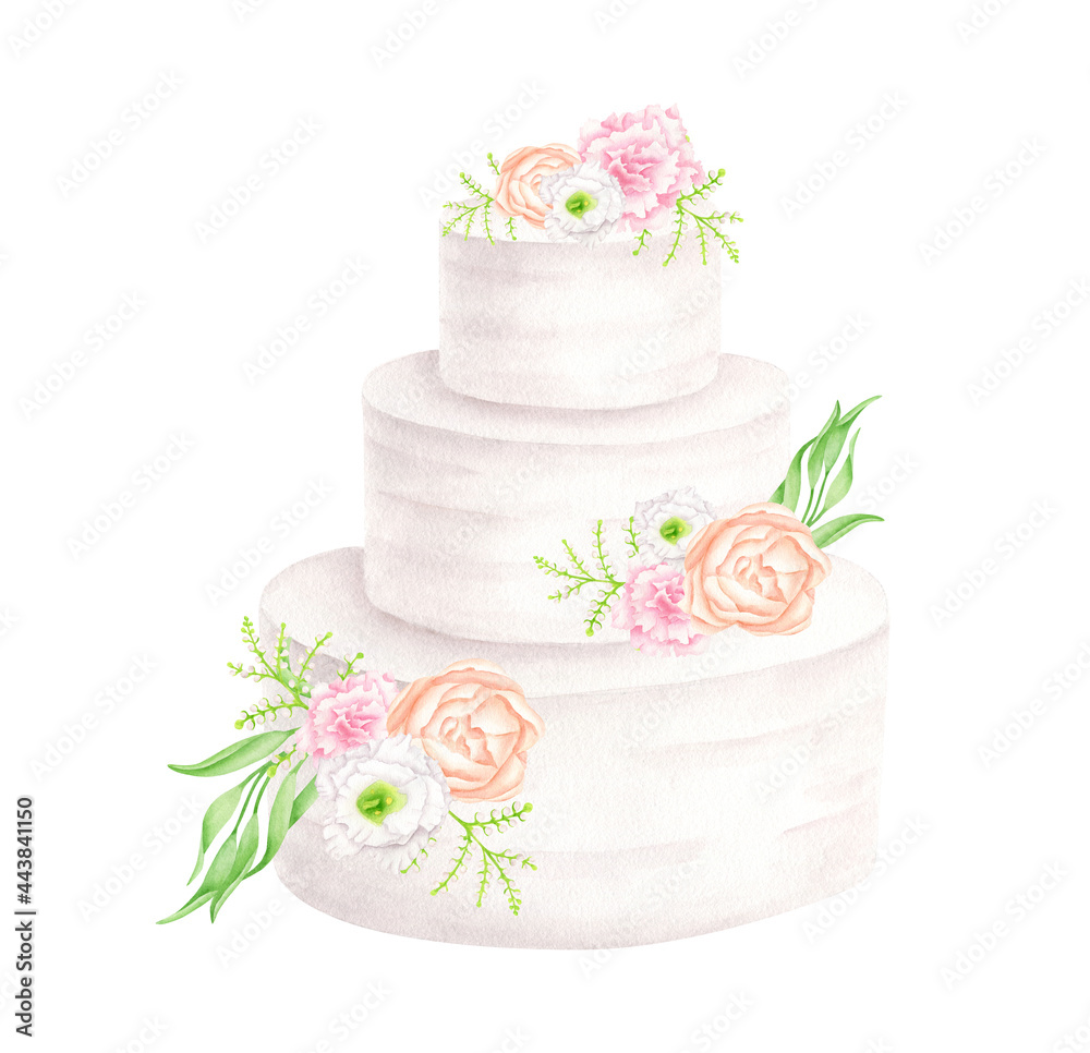 Watercolor wedding cake with flowers illustration. Hand drawn 3 tiered ...