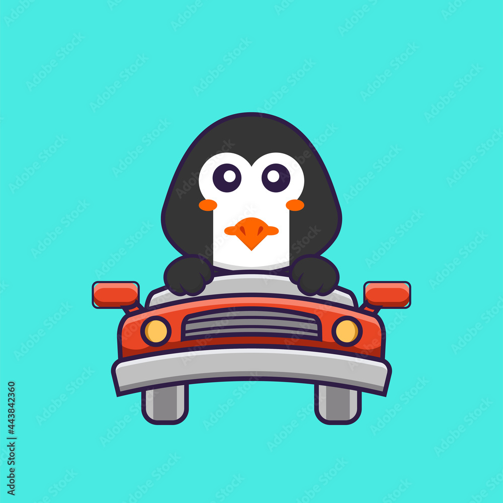 Cute penguin is driving. Animal cartoon concept isolated. Can used for ...