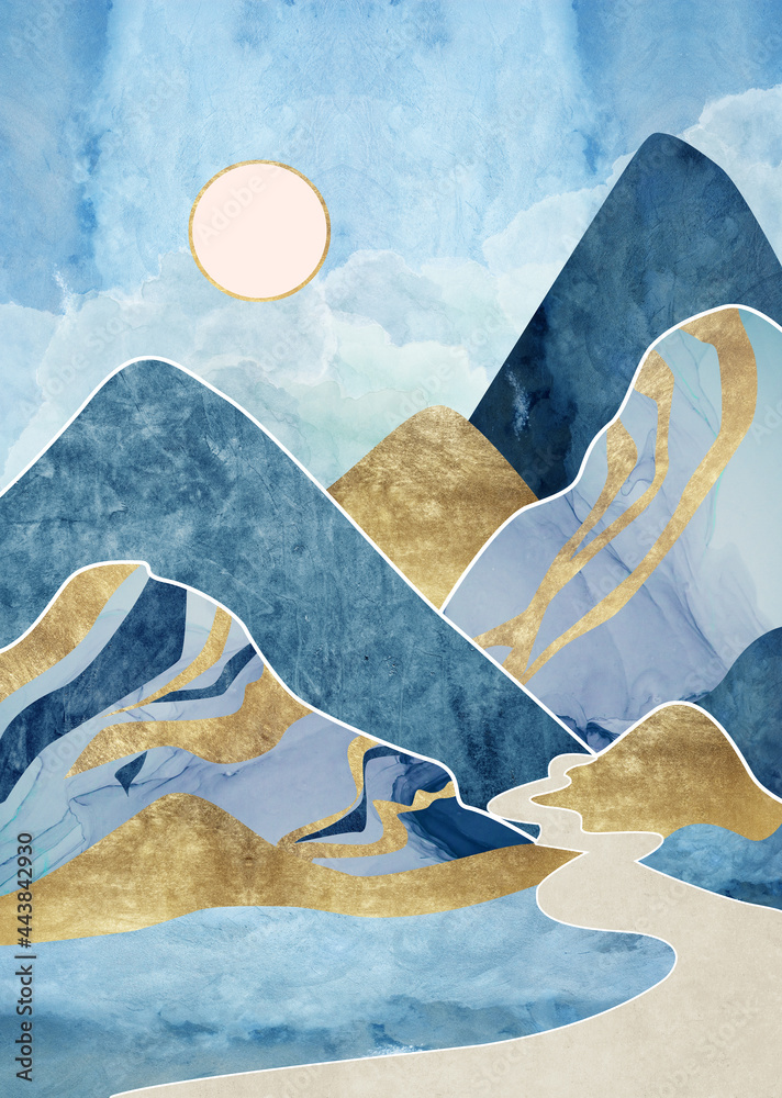 Gold mountain wallpaper design with landscape line arts, Golden luxury ...