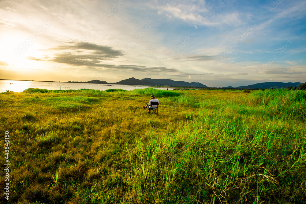 The background of Lanscape (fields, mountains, fog, trees) with ...