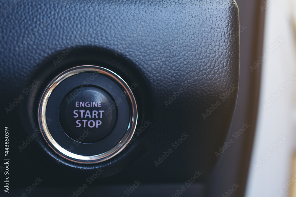 Car dashboard engine start stop button, car interior details. button ...