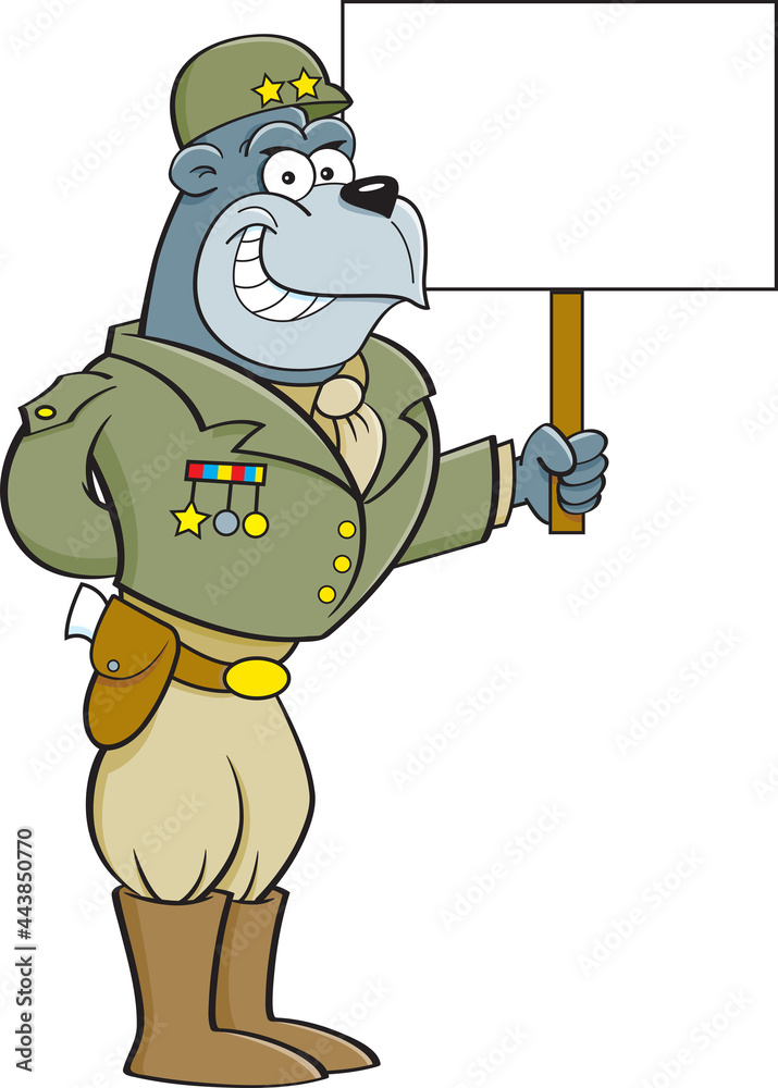 Cartoon illustration of a smiling gorilla dressed as a general and ...