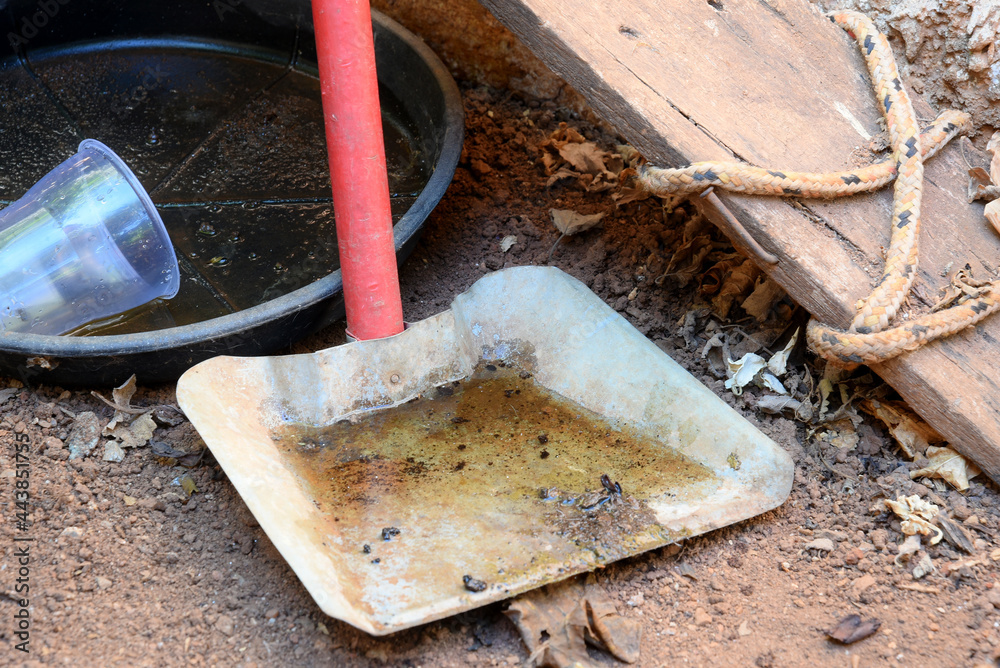 Abandoned garbage pail with stagnant water inside. close up view ...