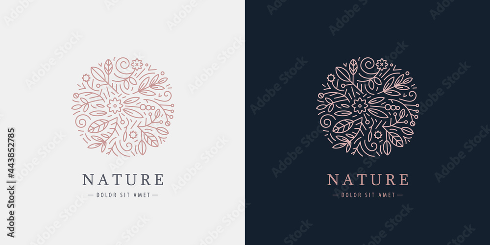 Vector linear plant logo. Circle luxury organic emblem. Abstract badge ...
