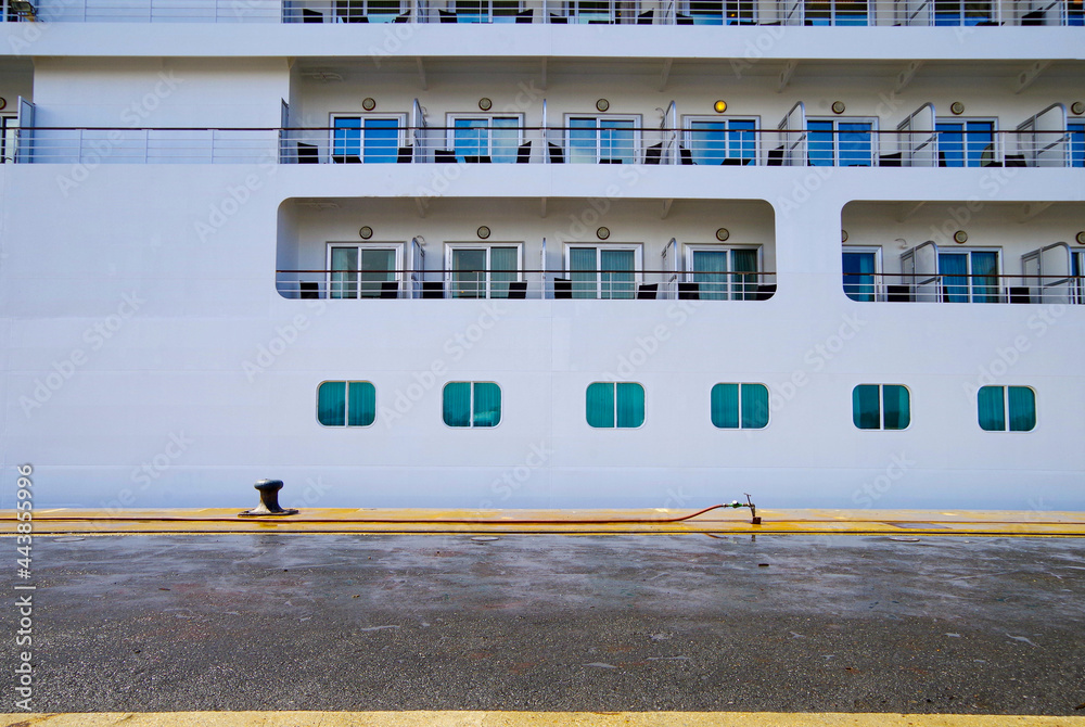 Cruiseship cruise ship liner in port with detail view of portside ...