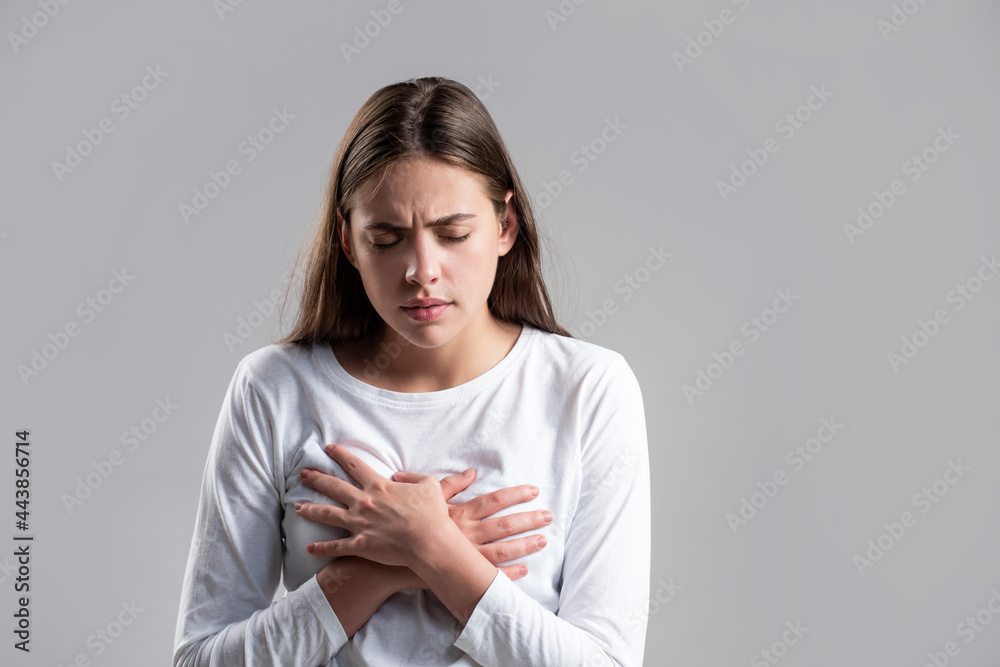 Woman suffering from chest pain. Woman having heart attack. Heart ...
