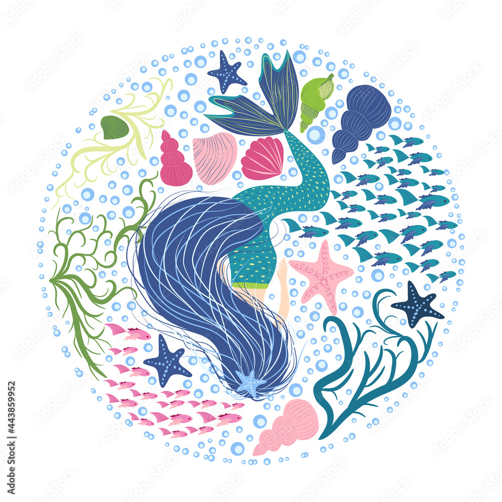 Vetor do Stock: Cartoon beautiful mermaid with developing hair in a ...