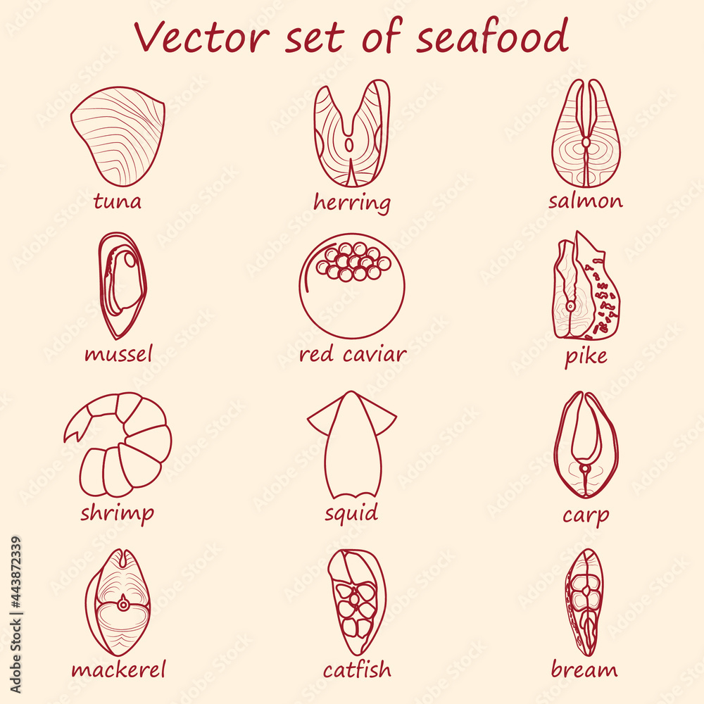 Vector set of seafood. Line icons of tuna, herring, salmon, mussel, red ...