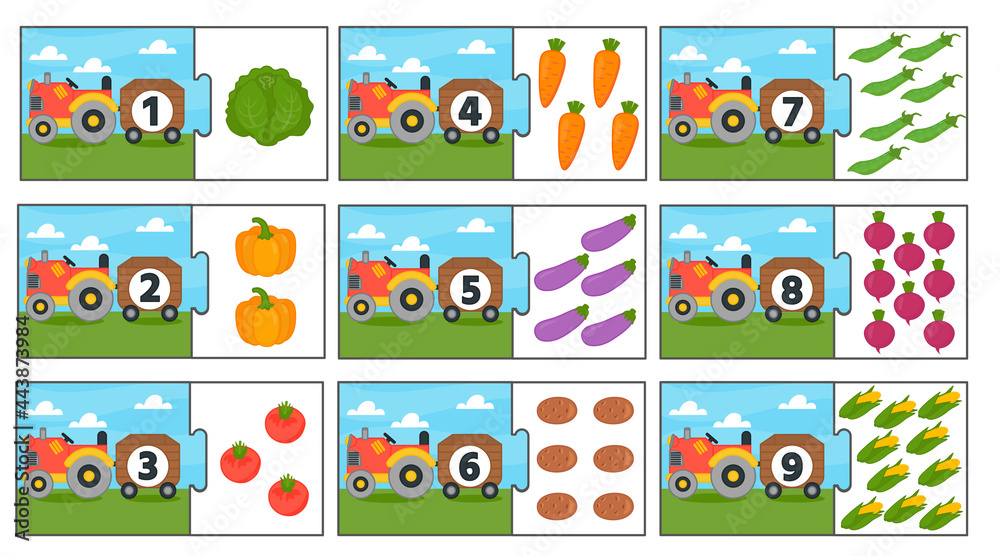 Education match game for kids. Counting from 1 to 9. Count the ...