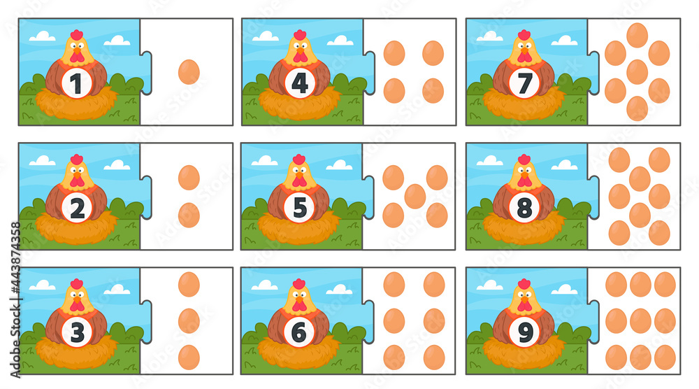 Learning game for kids. Puzzle. Funny hen. Studying the count from 1 to ...