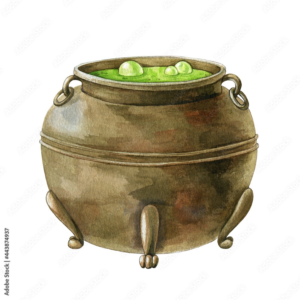 Old metal kettle. Hand drawn watercolor illustration. Magic pot with ...