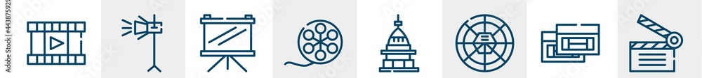 cinema line icons such as film strip with play triangle, movie light ...