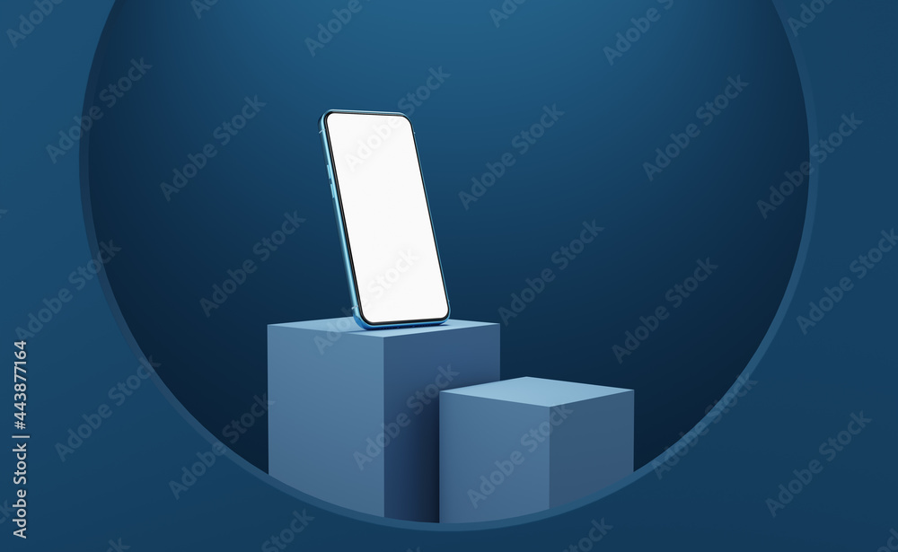 Blue mobile phone on cube podium floating on dark blue circle arch ...