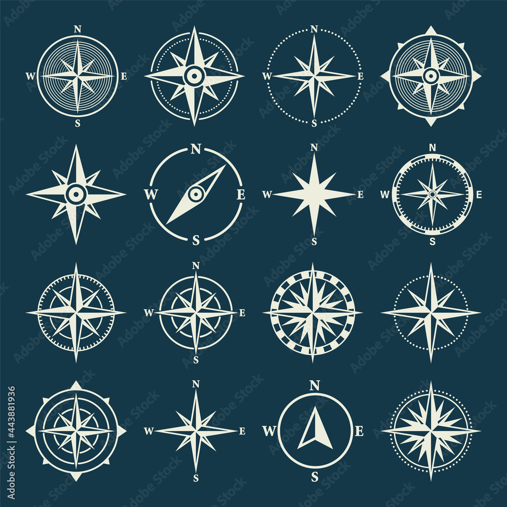 Vintage marine wind rose, nautical chart. Monochrome navigational ...