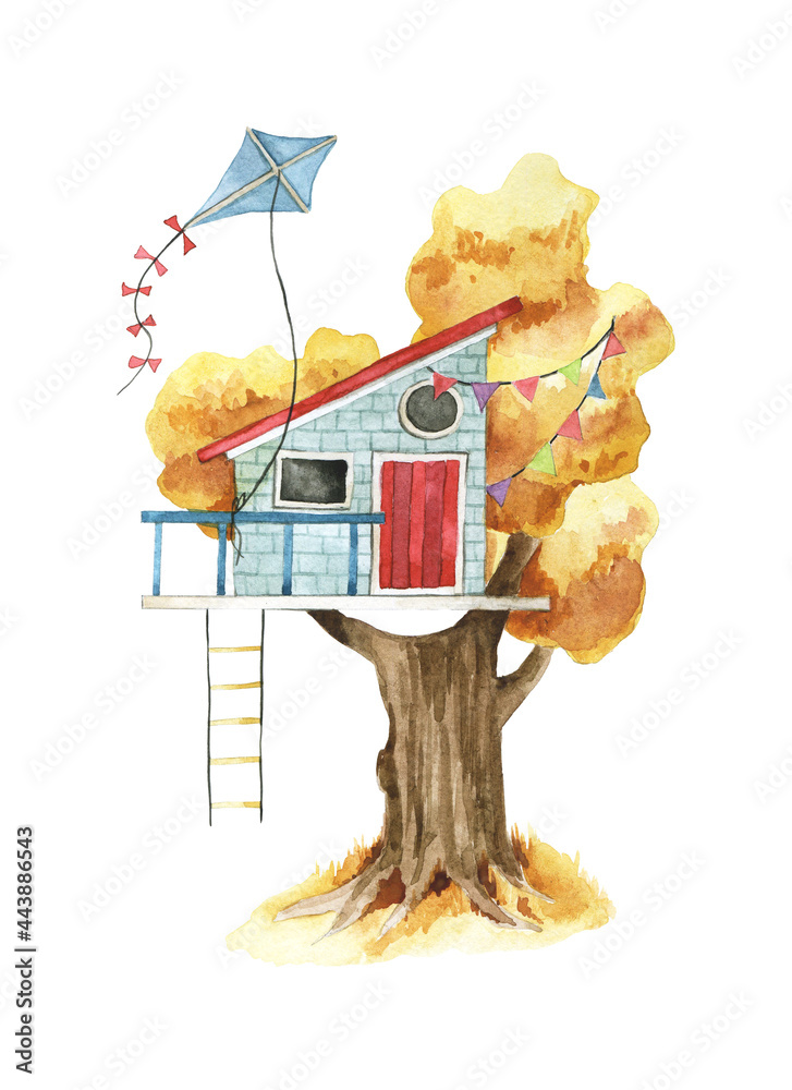 watercolor drawing. cute treehouse isolated on white background. a ...