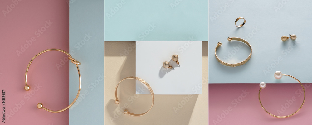 Geometric photo collage of golden jewelries bracelets, earrings and ...