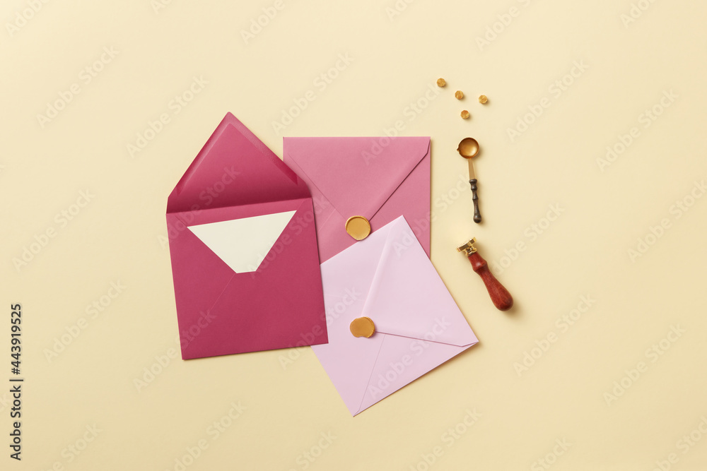 Pink envelopes for love letters and handle stamp Stock Photo | Adobe Stock