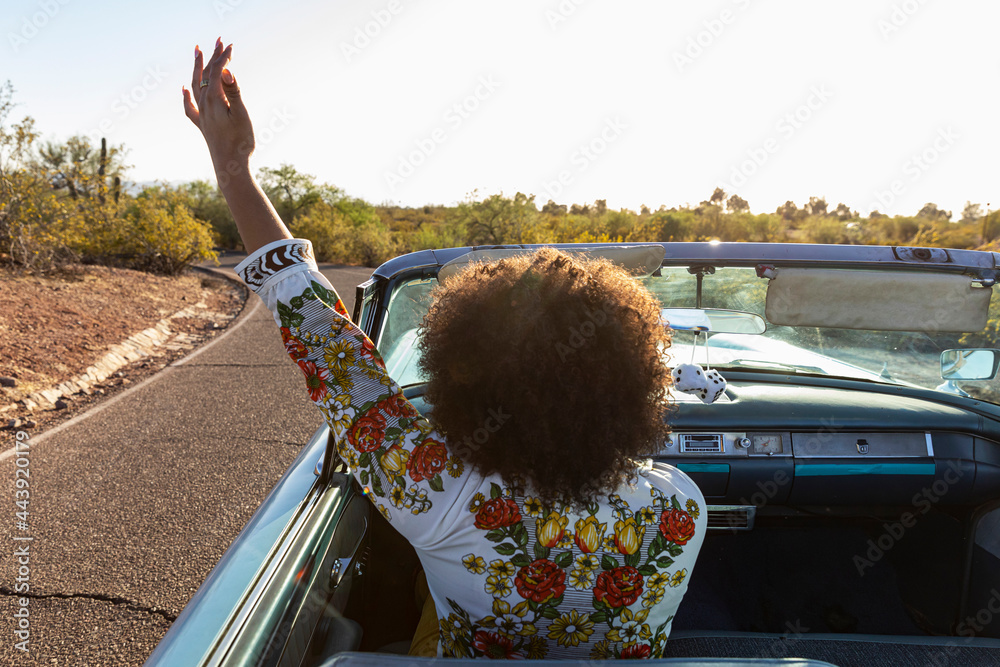 Gorgeous Portrait of Black Girl behind wheel of Vintage Car driving ...