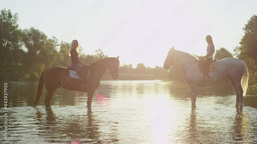 SLOW MOTION, LENS FLARE: Two young Caucasian female horseback riders ...