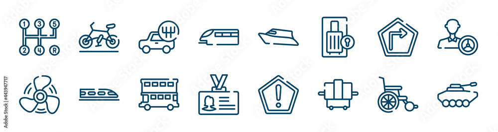 transport icons set such as road bike, monorail, right, ship propeller ...