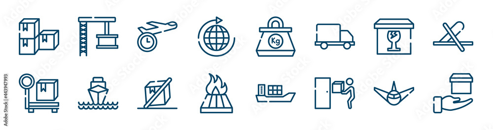 lineal logistic icons set such as container crane, global distribution ...